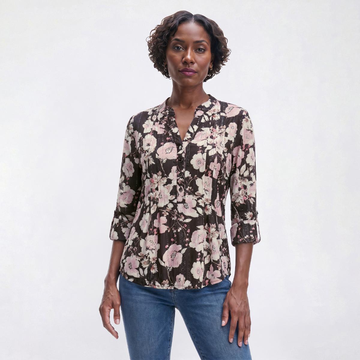 Click here for Plus Size Cocomo 3/4 Sleeve Floral Gomez Henley Bl... prices